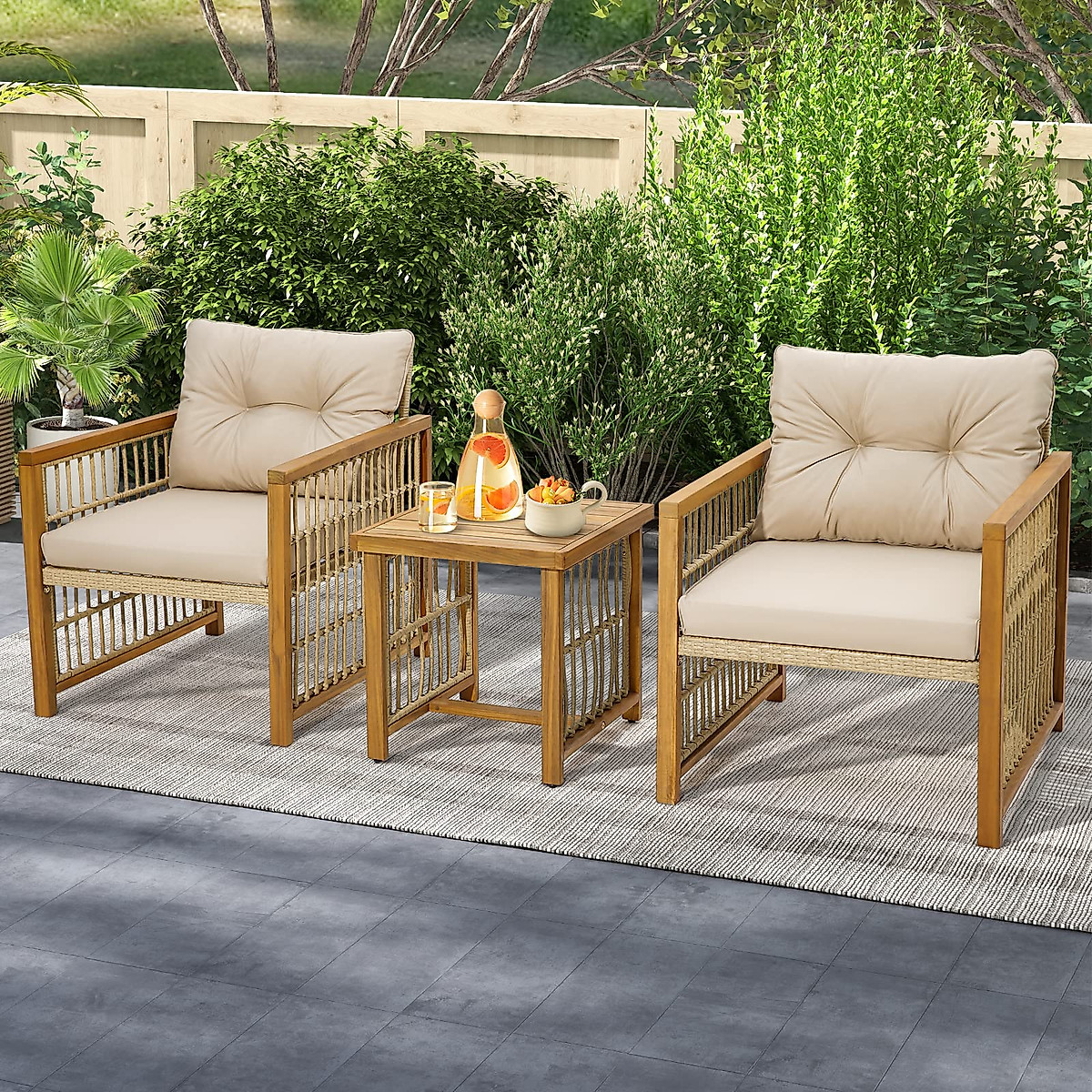 HAPPYGRILL 3 Pieces Patio Furniture Set, PE Wicker Conversation Set with Soft Seat & Back Cushions, Stable Acacia Wood Frame, Outdoor Sofa Set for Backyard, Porch, Poolside