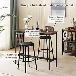 Tatub Bar Table and 2 Chairs Set, Industrial Style Bar Stools PU Upholstery Seat with Backrest, 3 Pieces Pub Dining Table Set for Kitchen, Apartment, Small Space, Brown