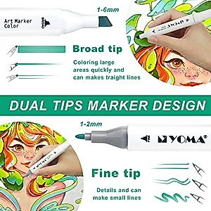 Y YOMA 60 Colors Alcohol Markers Dual Tip Markers Brush Tip Set, Unique Colors (1 Marker Case) Alcohol-based Ink, Fine & Chisel, White Penholder