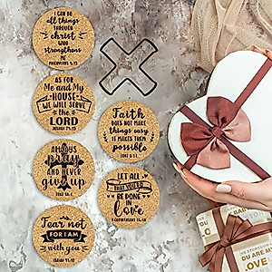 Homythe Christian Gifts for Women Men, Bible Verse Scripture Coasters with Inspirational Thoughts and Prayers, Religious Housewarming Gift for Friends Family, 6 Pcs Cork Coasters with Metal Holder