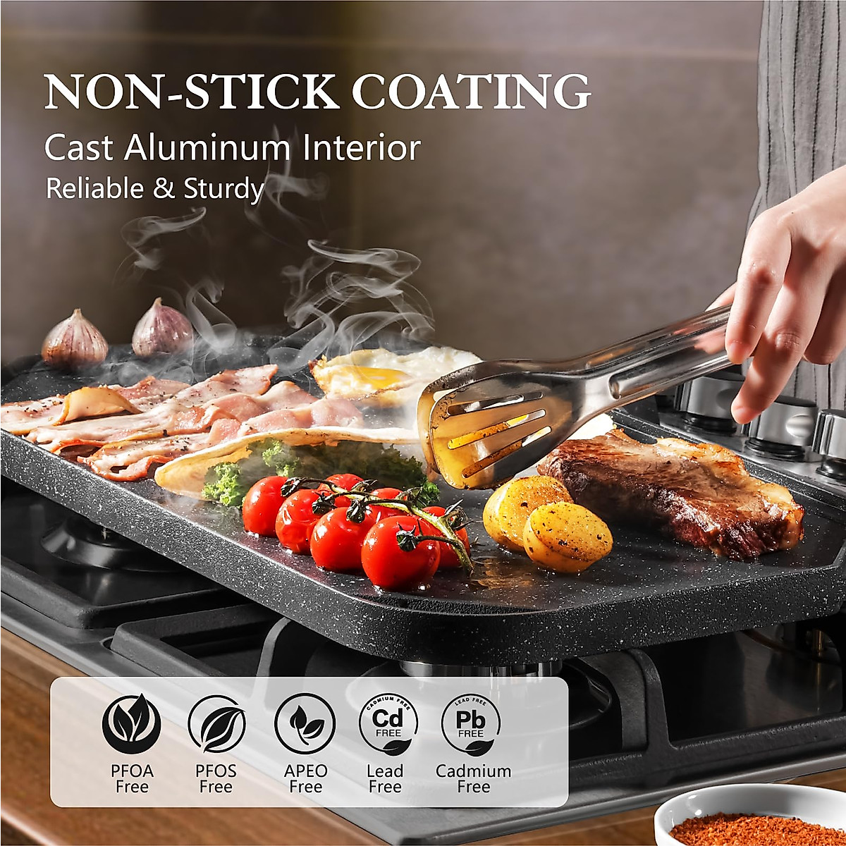 SENSARTE Nonstick Griddle Grill Pan, Pro-Grid Reversible Grill & Griddle Pan, Two Burner Cast Aluminum Griddle, Portable for Indoor Stovetop or Outdoor Camping BBQ, 19.5" x 10.7"