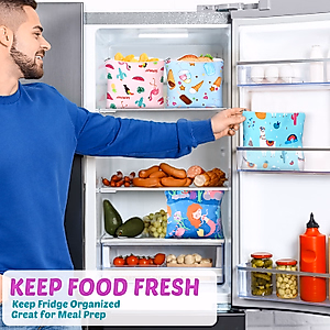 Chumia 6 Pieces Reusable Snack Sandwich Bags School Lunch for Kid Students Adults Large Snack Pouch Zipper Cartoon Washable Bags for Food 7 x 7 Inch