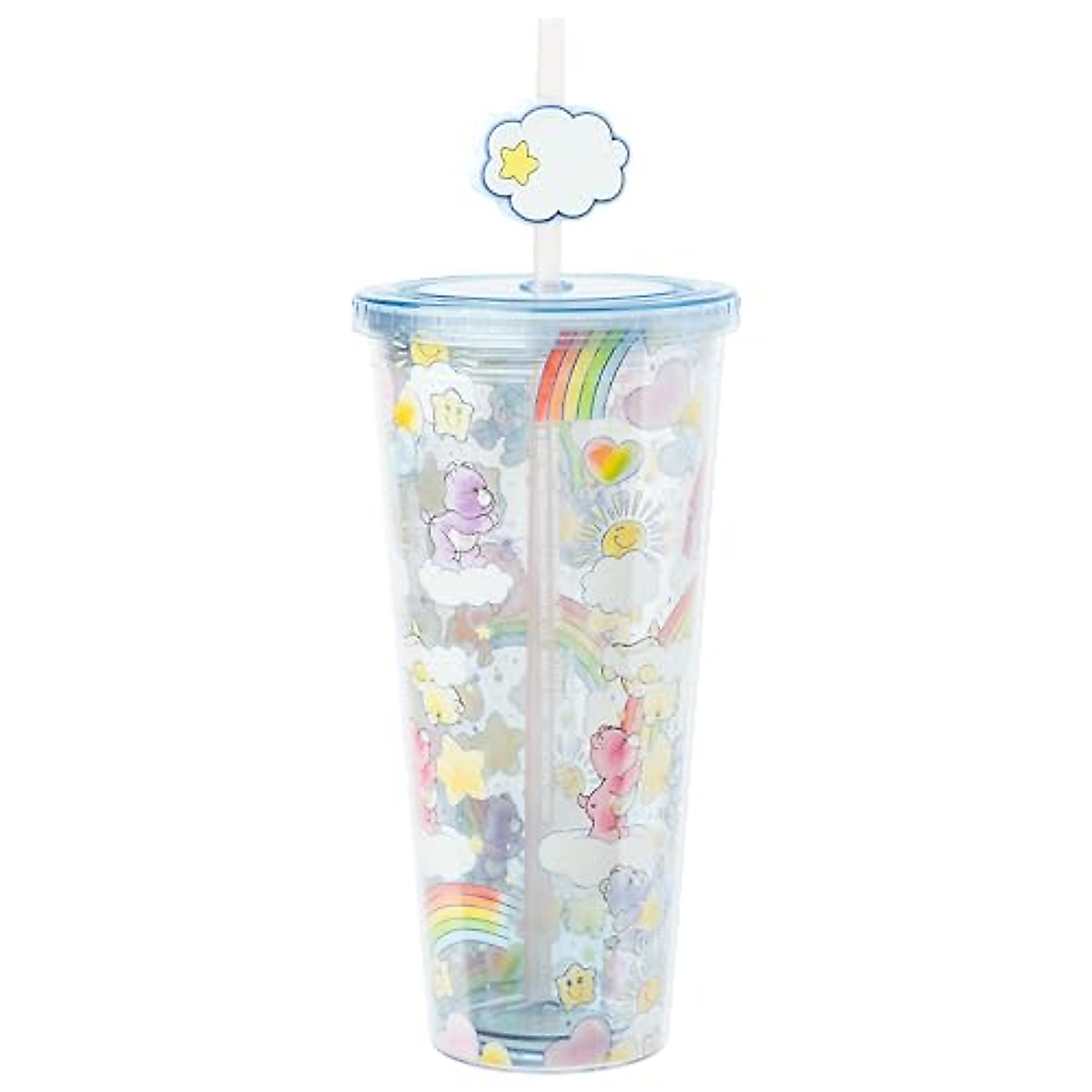 Silver Buffalo Care Bears Rainbow Hearts Stars Featuring Cheer Bear, Bedtime Bear, Funshine Bear, and Share Bear Watercolor Plastic Cold Cup with Lid and Straw Topper, 24 Ounces
