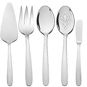 5-Piece Silverware Serving Utensils, HaWare Durable Stainless Steel Serving Spoon Fork, Mirror Polished and Dishwasher Safe