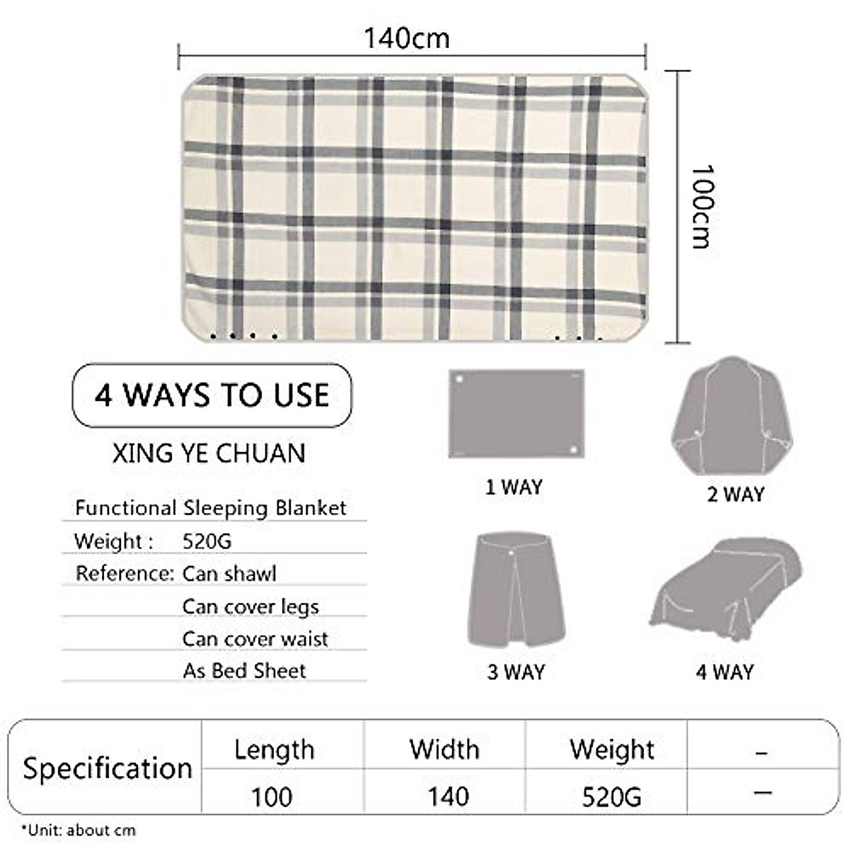 XING YE CHUAN Fleece Wearable Blanket, Comfy Poncho Throw with Buttons, Plush Sleeveless Blankets, for Women Cape Wrap Cover for Lightweight Microfiber Plaid Design (White)
