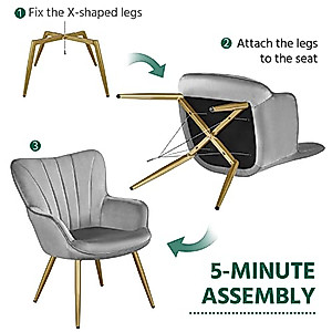 Yaheetech Velvet Accent Chair, Modern Vanity Chair Armchair with Wing Side and Metal Legs, Cozy and Soft Padded and High Back for Living Room/Home Office/Makeup/Bedroom, Light Gray