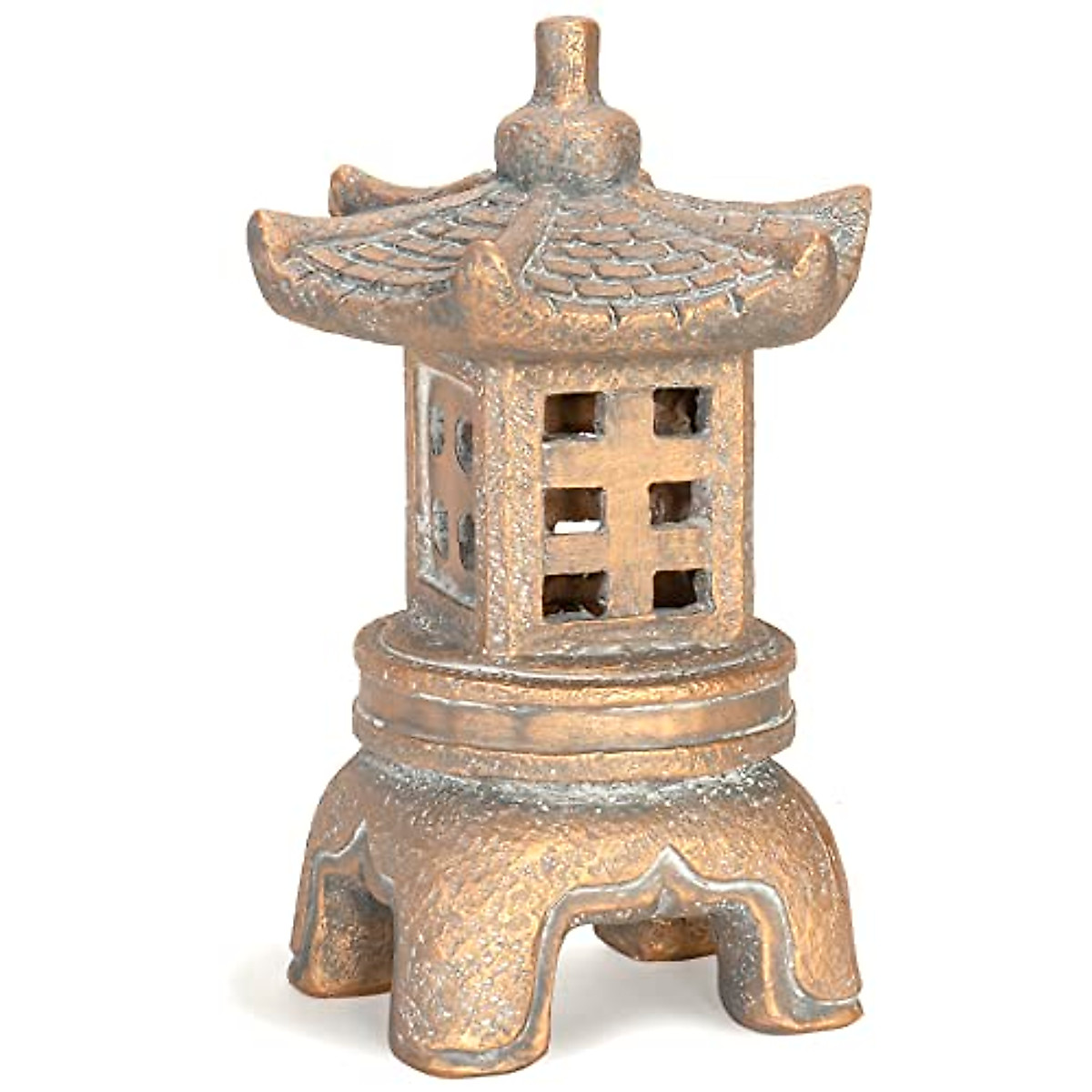 Red Co. 11” Solar-Powered LED Square Pagoda Lantern Asian Décor Zen Garden Statue, Distressed Gold