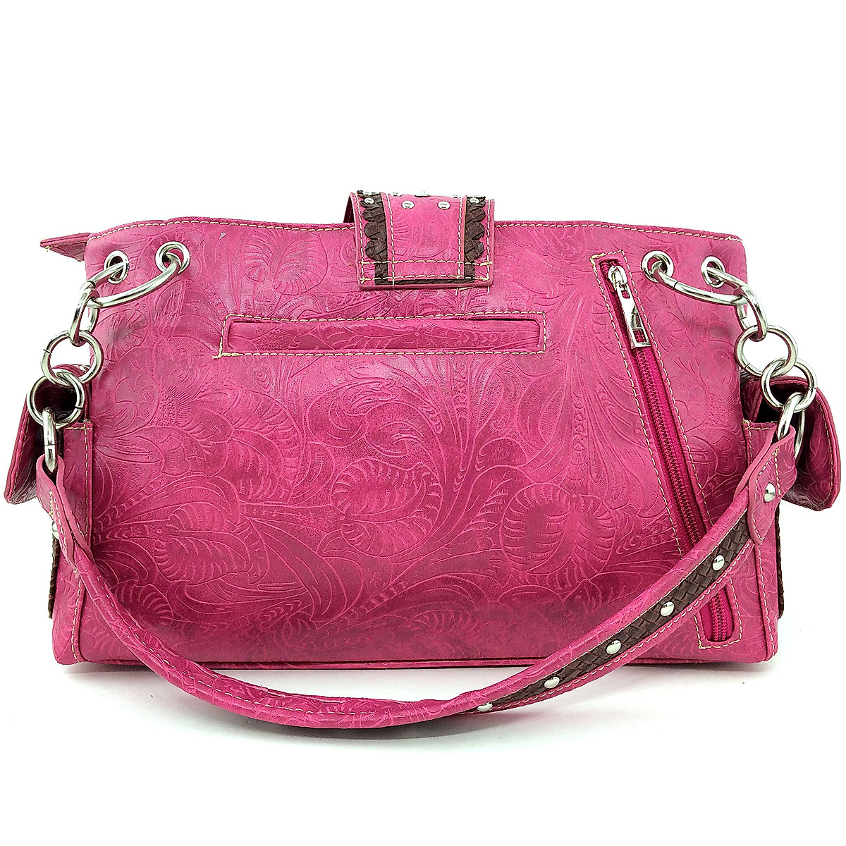 Justin West Gleaming Western Tooled Rhinestone Buckle Floral Embroidery Chain Shoulder Handbag Purse Back Concealed Carry Phone Slot Crossbody Trifold Wallet (Hot Pink Handbag)