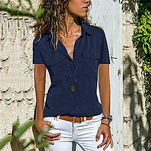 Andongnywell Women's V-Neck Short Sleeve Tunic Tops Chiffon T-Shirt Blouse Tunics Shirt Lapel Short Sleeve Shirt (Dark Blue,10,7X-Large)