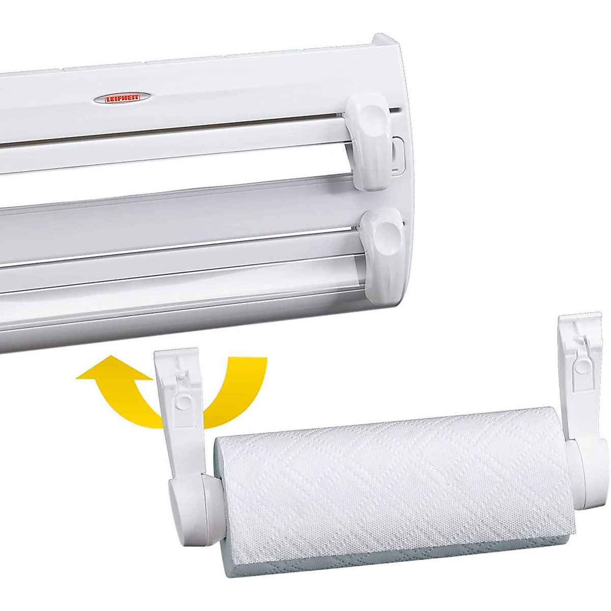 Leifheit 25771 4-in-1 Wall-Mount Paper Towel Holder | Plastic Wrap and Foil Dispenser with Spice Rack | White