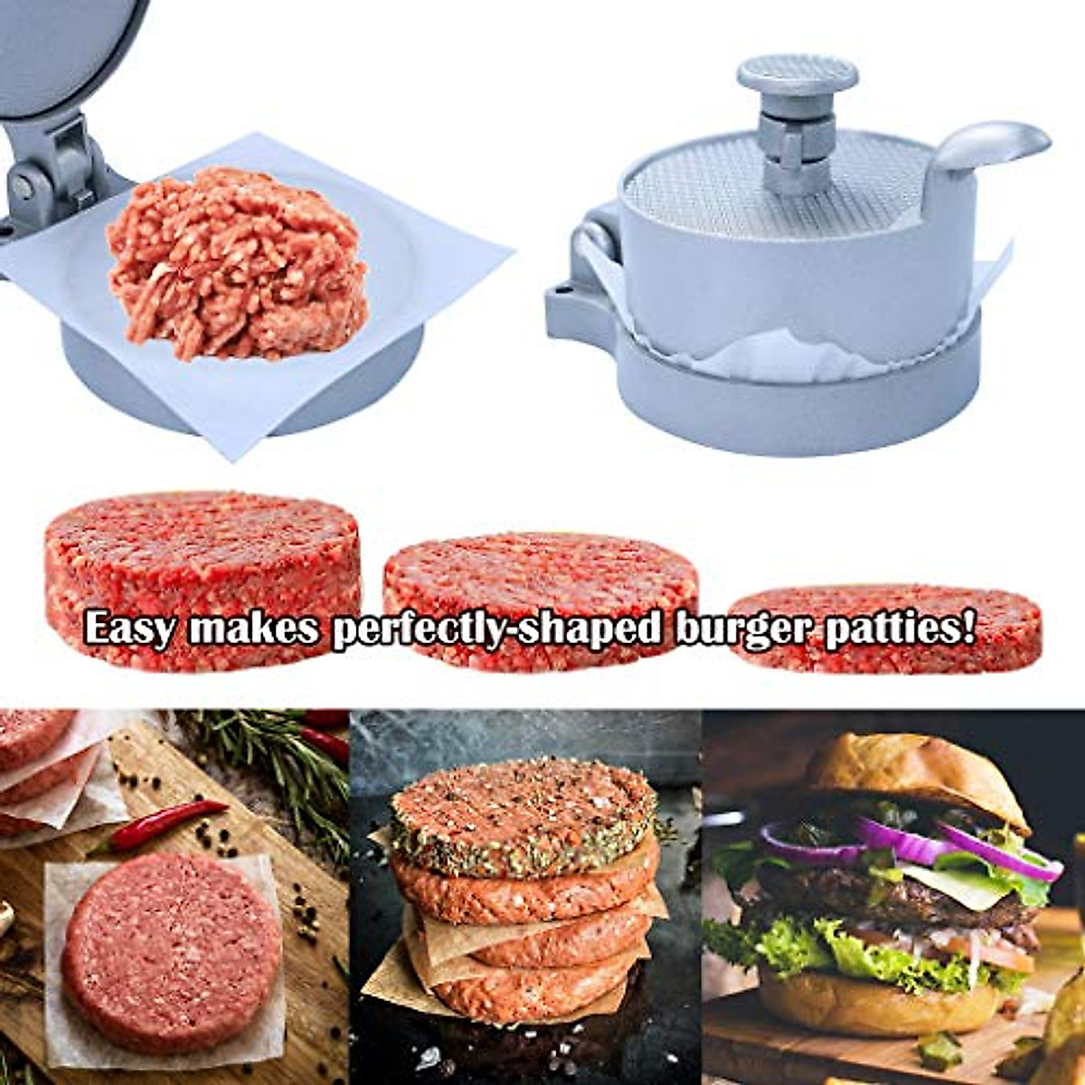 laffeya Burger Press, Hamburger Maker with 50 Non Stick Patty Papers, Adjustable Burger Press Makes 4 1/2" Patties, 1/4Lb to 3/4Lb (Burger Press with Paper)