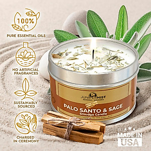 JUNIPERMIST Palo Santo & White Sage Smudge Candle - Pure Soy Candle for Cleansing House Negative Energy, Sedona Based Spiritual Aromatherapy