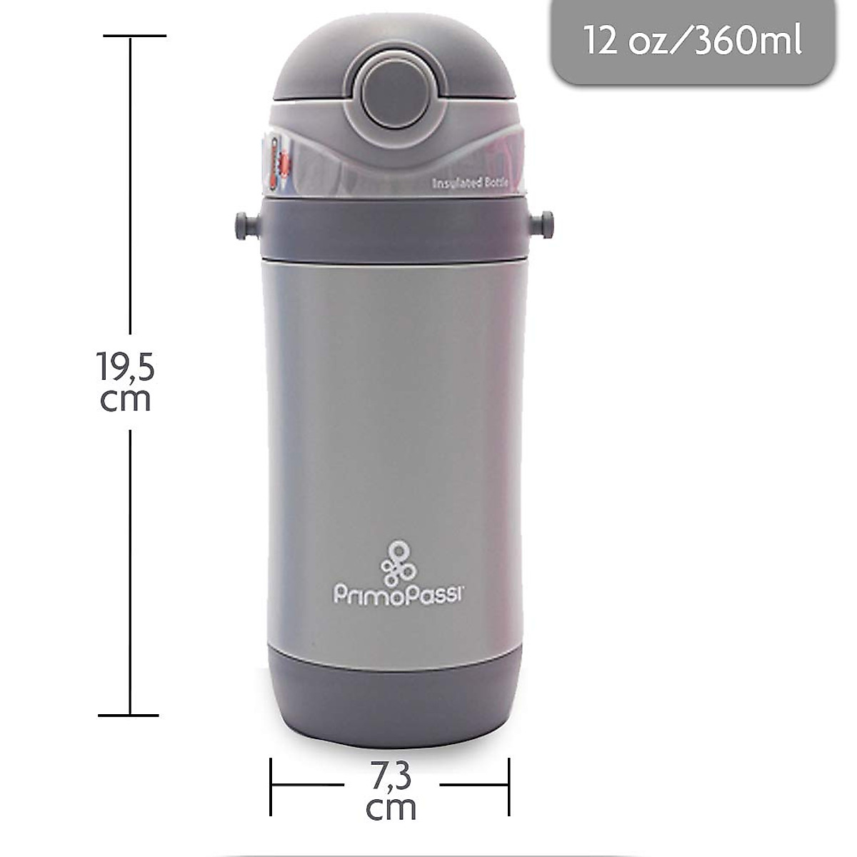 Insulated Straw Water Bottle | Kids Insulated Bottle | Thermos Bottle 12 Ounce Bottle - by Primo Passi (Gray)