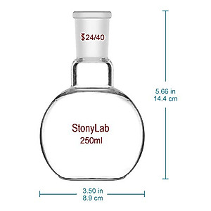 StonyLab Glass 250ml Heavy Wall Single Neck Flat Bottom Boiling Flask, with 24/40 Standard Taper Outer Joint, 250ml