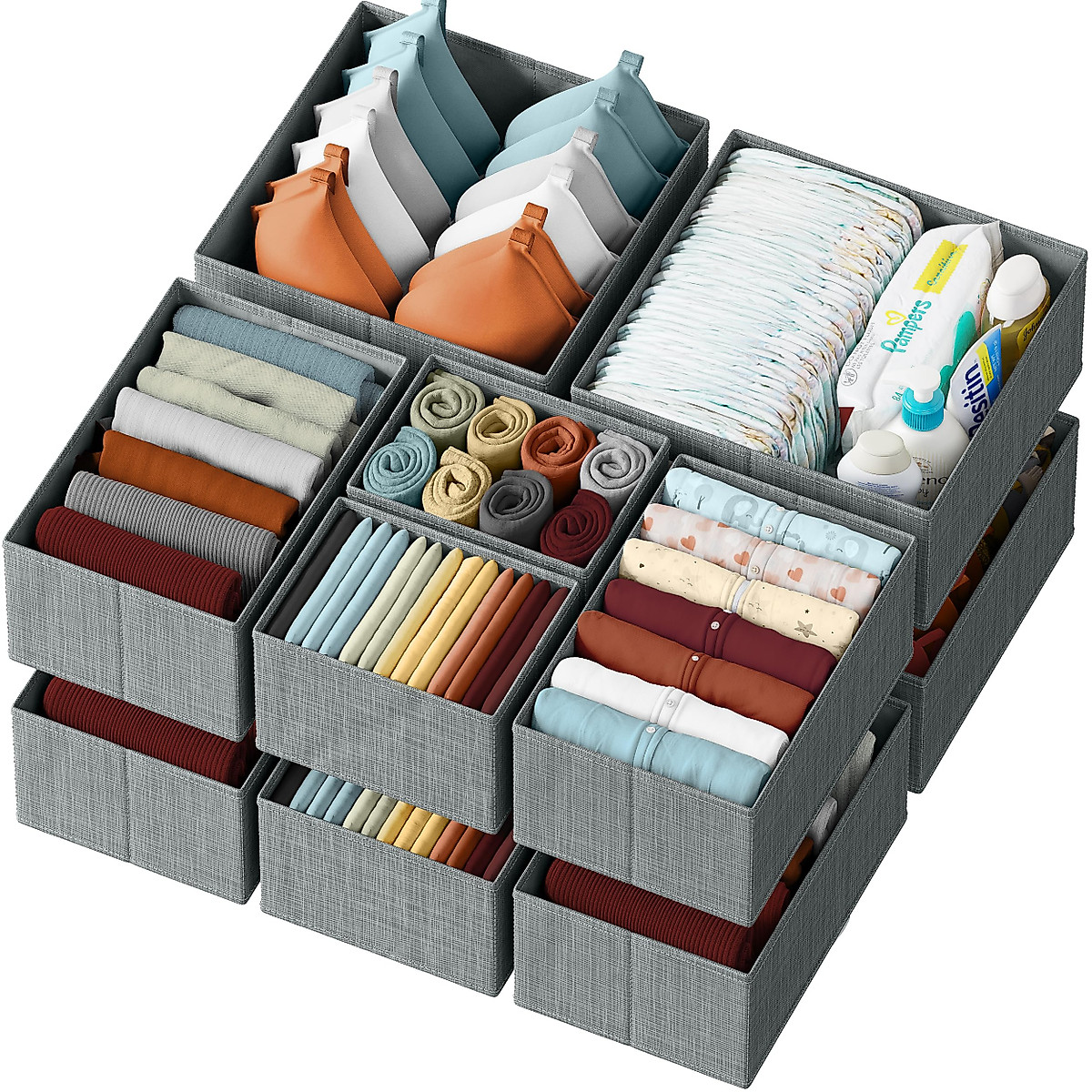NEATERIZE Drawer Organizer - [Set Of 12] - Closet Organizer and Storage Baskets| Foldable Cloth Drawers Divider | Fabric Bin For Dresser & Shelves |Organize Underwear, Socks, Bra, & Tie’s (Grey)