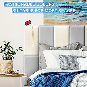 Hanaive Peel and Stick Headboard 23.6'' x 11.8'' Upholstered Wall Panels for Twin, Queen and King 3D Anti Collision Wall Panel Reusable and Removable Padded Wall Panel for Bedroom (Gray, White,6 Pcs)