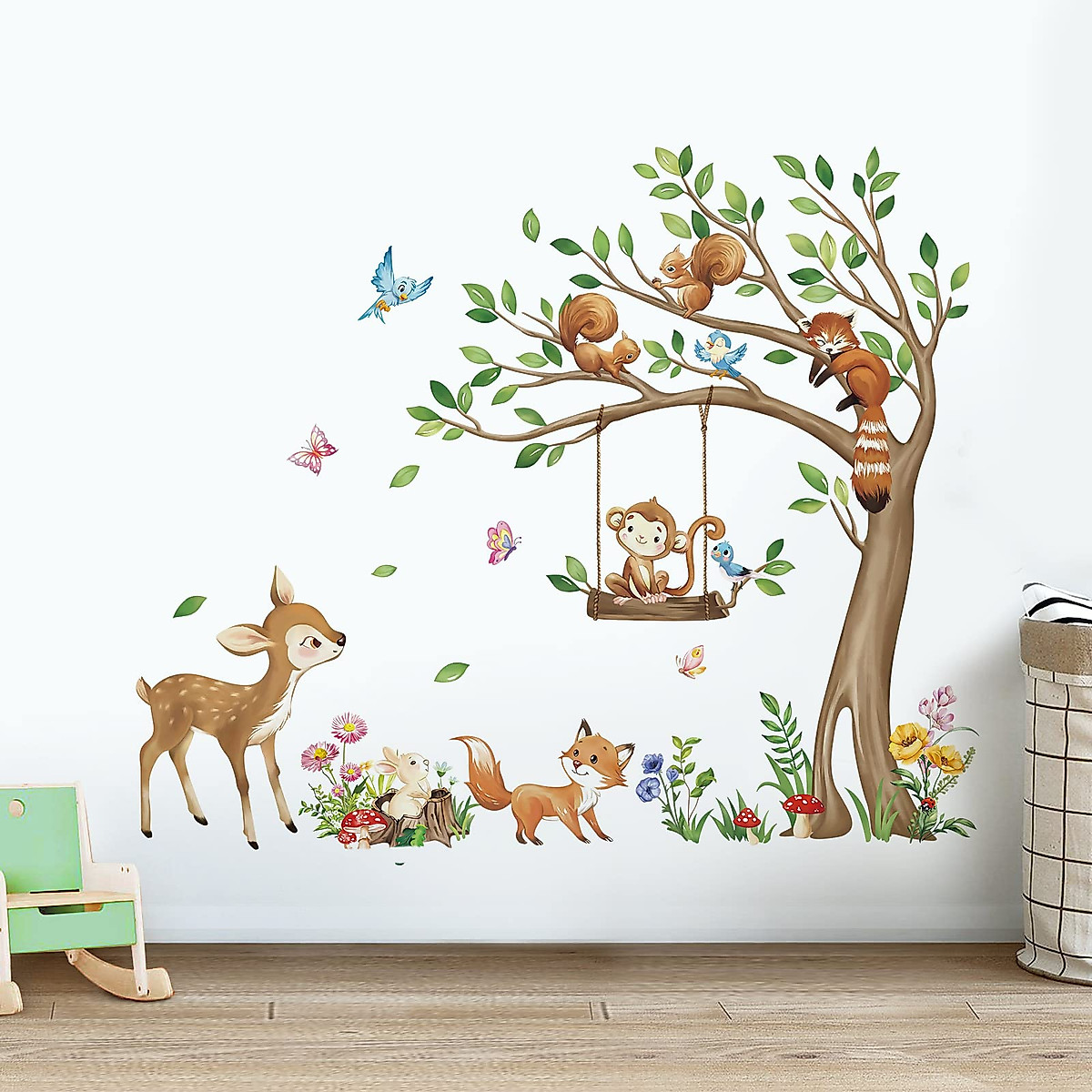 decalmile Woodland Animals Tree Wall Decals Deer Monkey Fox Squirrel Wall Stickers Kids Baby Nursery Bedroom Playroom Wall Decor
