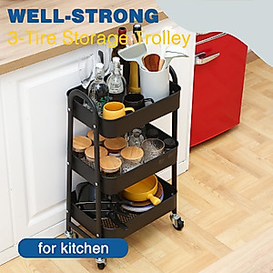 WELL-STRONG Metal Storage Trolley - 3-Tier Rolling Cart with Lockable Wheels - Multi-Purpose Utility Cart with Handle - Mobile Shelving Organizer for Bathroom, Office, Kitchen, Bedroom, Garage Black