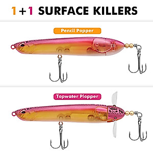 TRUSCEND Top Water Pencil Fishing Lures with Double Floating Rotating Tail, Surface Pencil Popper, Long Cast Premium Bass Bait with Rattle, Fishing Teasers Swimbaits for Freshwater Saltwater