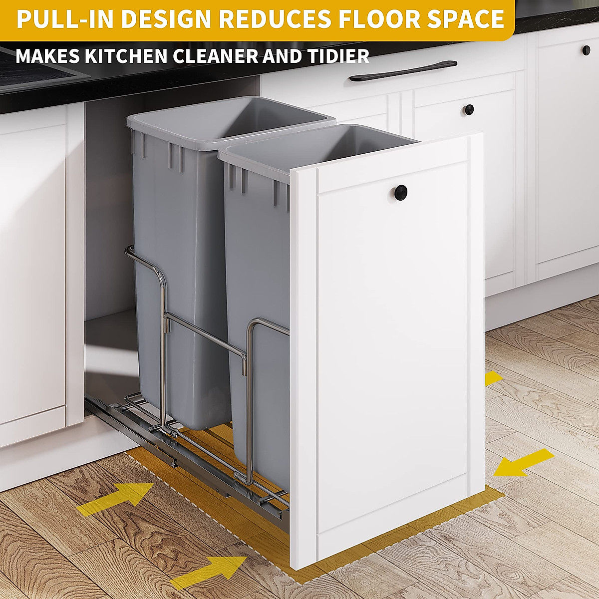 50-Quart Pull-Out Trash Can with Lid Double Bins, Sliding Under Mount Kitchen Pullout Waste Container Trash Can, Gray