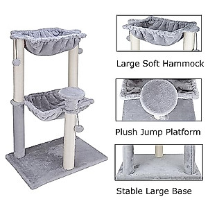 Dimaka Cat Tree Tower with 2 Big Soft Spacious Top Hammocks for Indoor Cats,Multi-Level Cat Furniture with 3 Dangling Balls for Adult Cats,Gray(33.5" Tall)