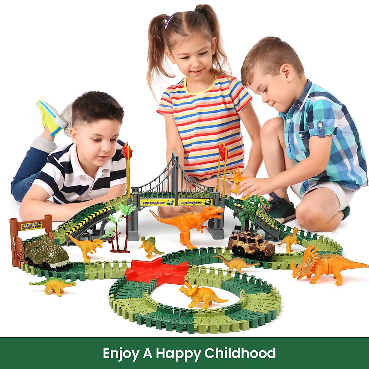 Dinosaur Track Toys with 227PCS Flexible Track, 1 Dinosaur Car, 1 Race Car, 8 Dinosaurs for 3 4 5 6+ Year Old Boys Girls Best Gift, Create A Unique Dinosaur World Road Race