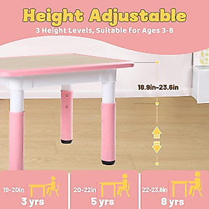 FUNLIO Kids Table and 2 Chairs Set, Height Adjustable Toddler Table and Chair Set for Ages 3-8, Easy to Wipe Arts & Crafts Table, for Classrooms/Daycares/Homes, CPC & CE Approved (3pcs Set) - Pink
