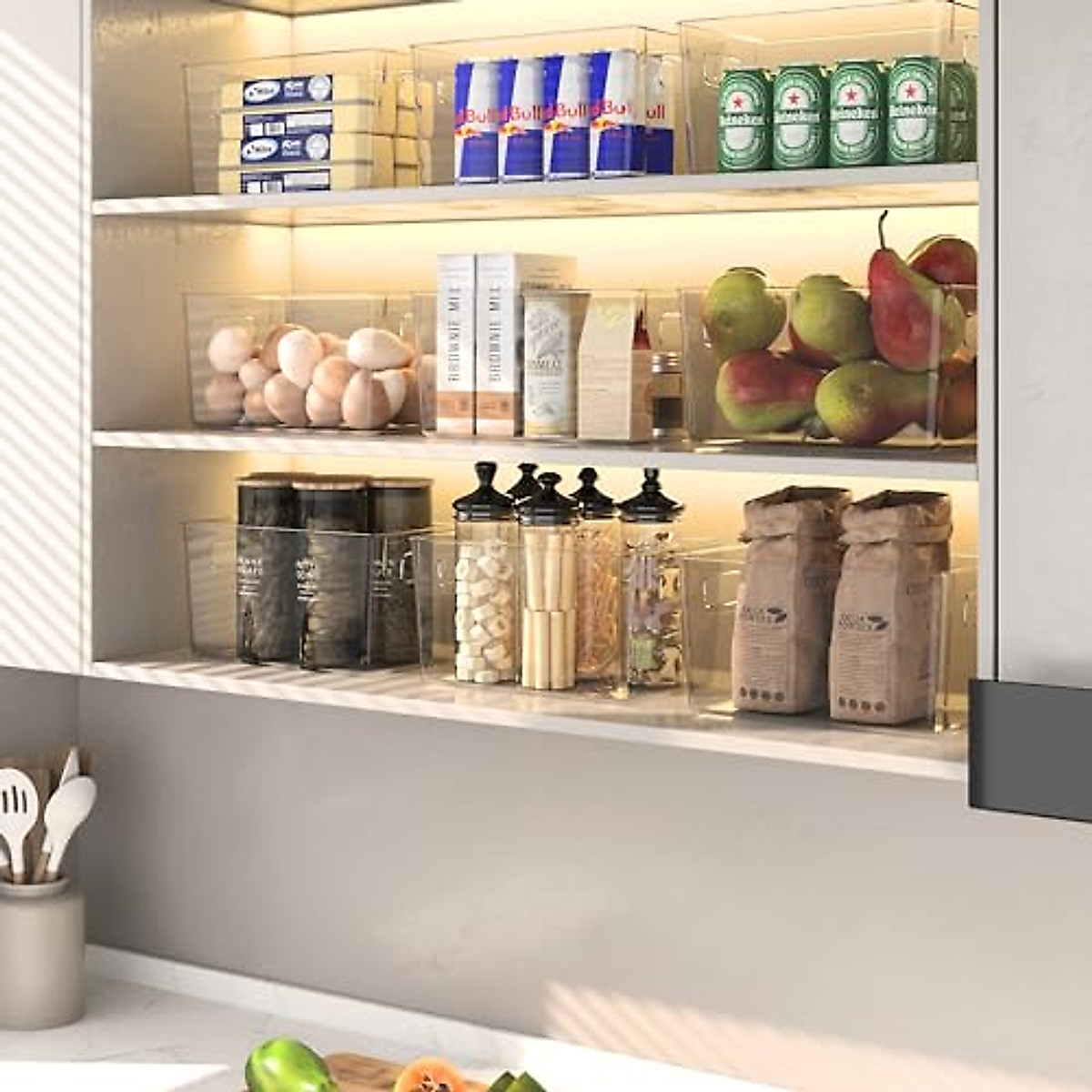 6 Pack Large Clear Storage Organizer Bins, Plastic Storage Bins Pantry Organizer Bins wit Handle, BPA Free Storage Containers for Kitchen, Refrigerator, Freezer, Countertops, Cabinet,Closet,Bathroom