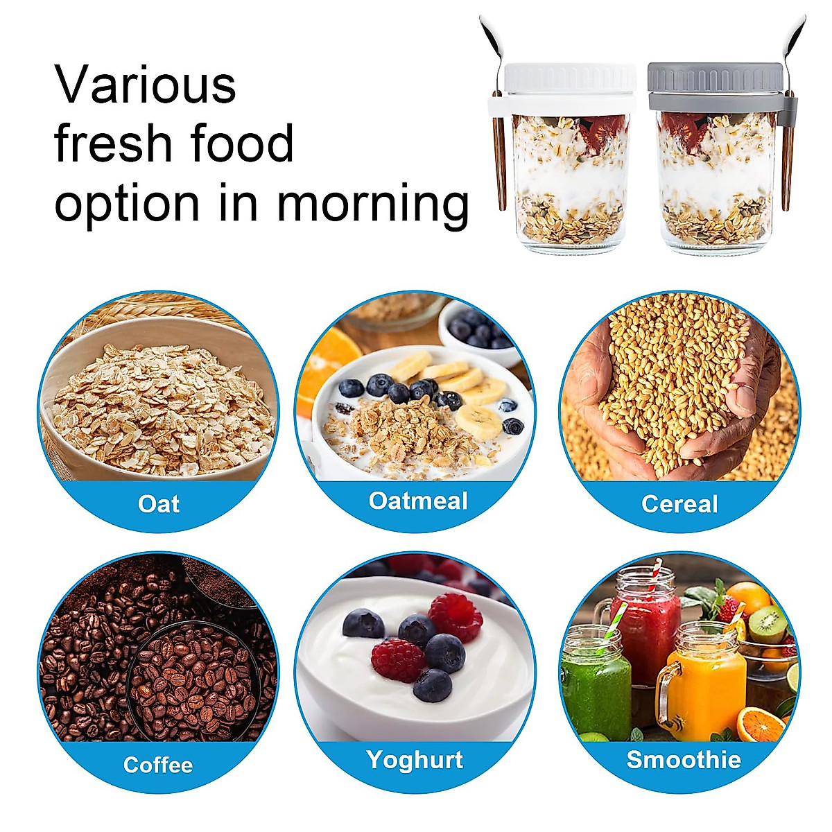 Mason Jar Oameal Container, Overnight Oats Jar With Lid And Spoon, Food Containers/Jars/Canning (Grey)