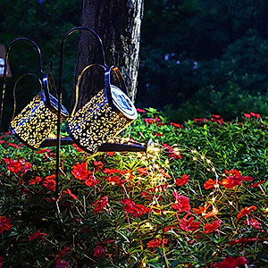 Dynaming 2 Pack Art Light LED Solar Waterfall Watering Can, Outdoor Decorative Garden Light, Retro Waterproof Copper Yard Party Decoration Stake Light for Pathway Lawn Patio Deck Walkway Courtyard