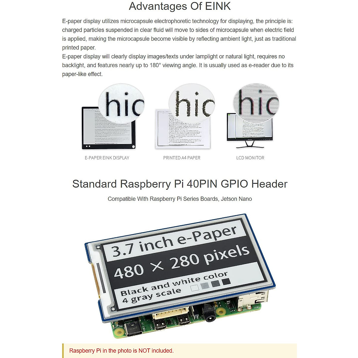waveshare 3.7inch E-Paper E-Ink Display HAT Compatible with Raspberry Pi4B/3B+/3B/2B/B+/A+/Zero/Zero W/WH/Zero 2W 480×280 Pixels Black/White 4 Grey Scales SPI Interface Supports Partial Refresh