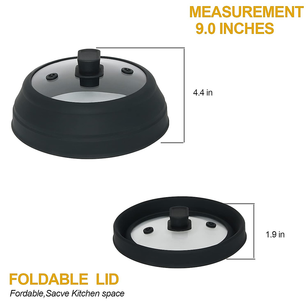 Microwave Splatter Cover Microwave Cover for Food Collapsible Plate Cover Lid with Easy Grip Handle Safe Tempered Glass & Silicone Pot Cover Splatter Heat Resistant Cover Guard (BLACK 9 INCH)