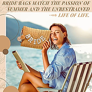 Pinkunn Bride Straw Shoulder Bag For Women Straw Clutch Bag Pearl Rhinestone Wedding Summer Beach Vacation Bridal Shower Gift (Bride Style)