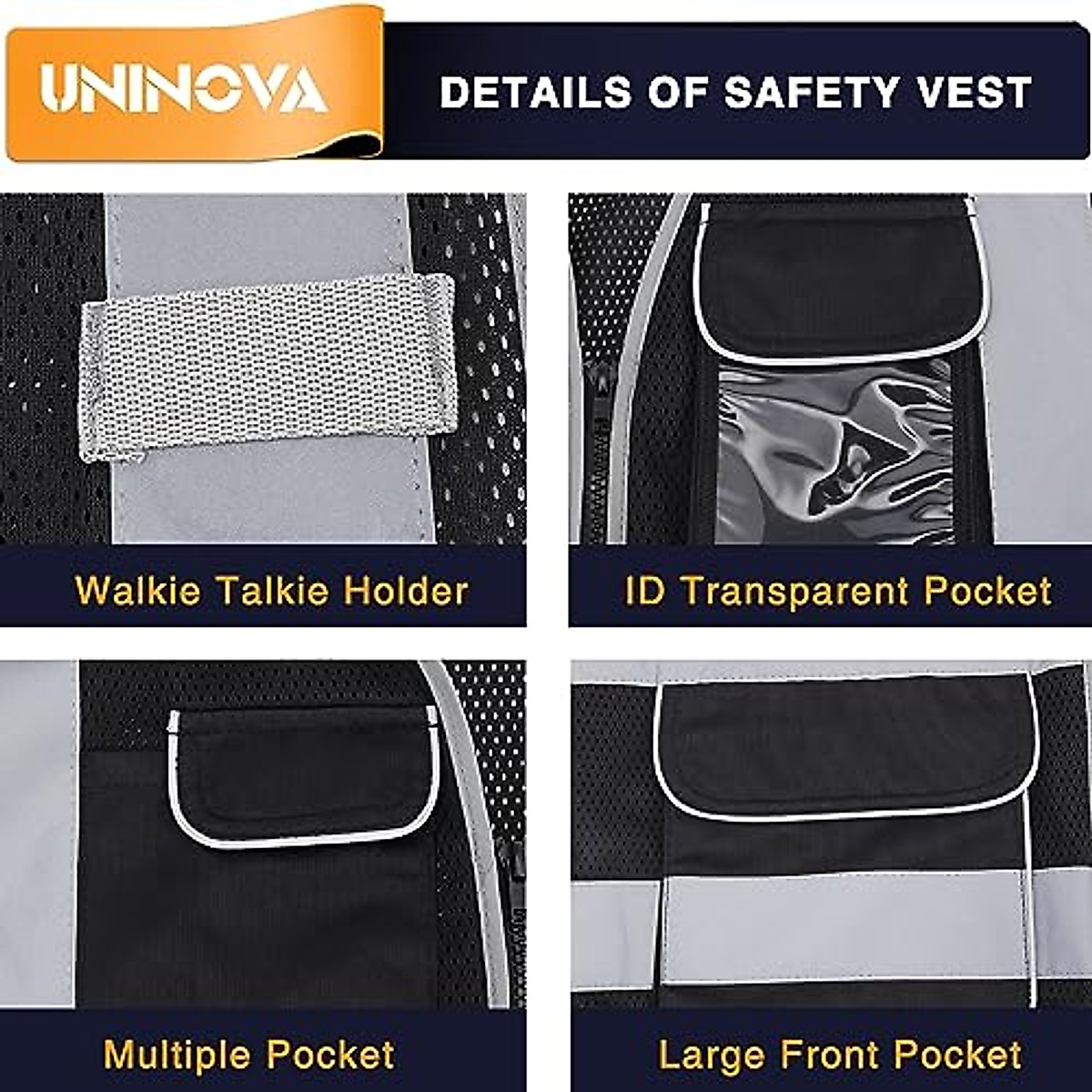 UNINOVA High Visibility Safety Vest - Multi Pockets Reflective Mesh Breathable Workwear, ANSI/ISEA Standards (Extra Large, Black Mesh)