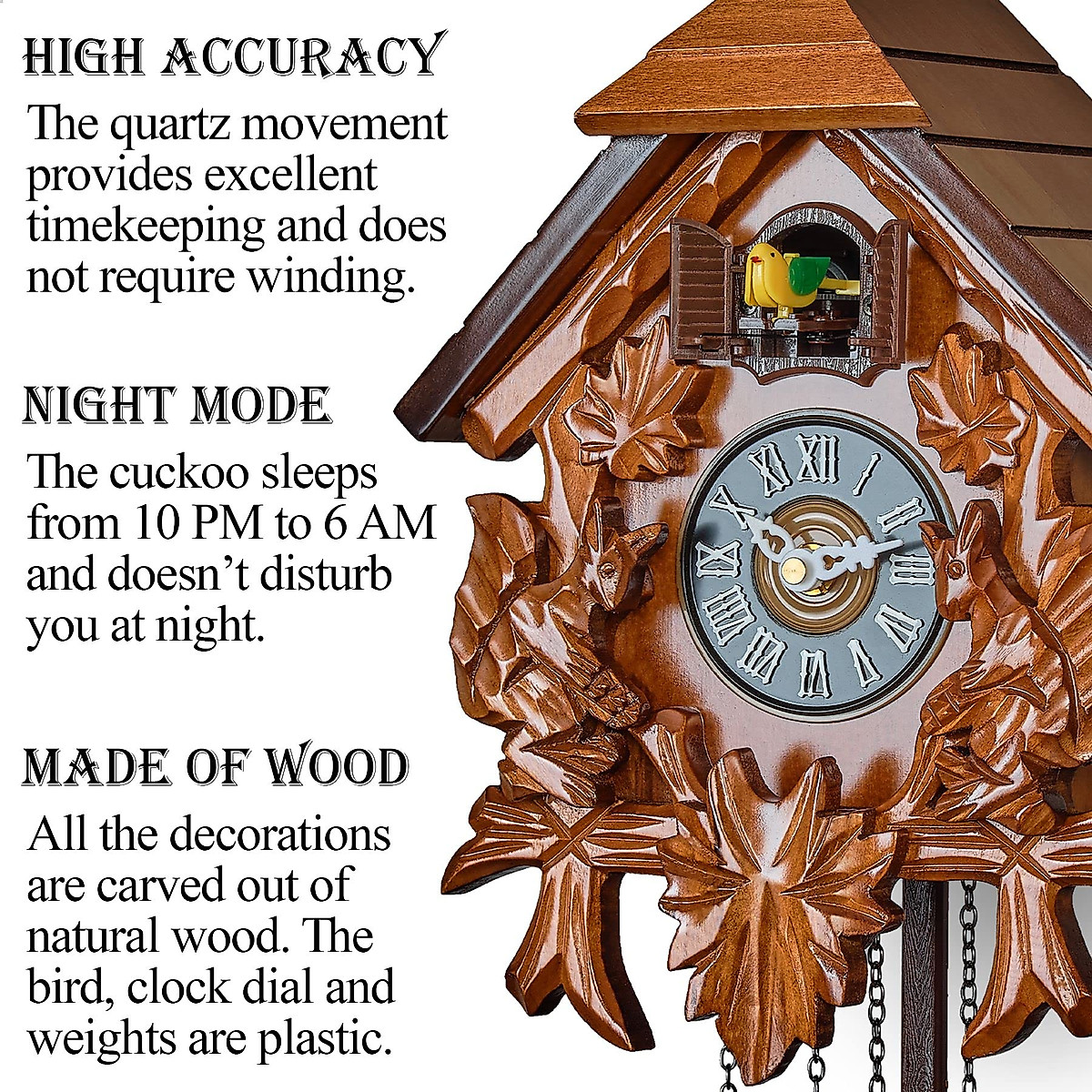 TIMEGEAR Cuckoo Wall Clock with Night Mode in Traditional German Style with Carved Squirrels (Cherry)