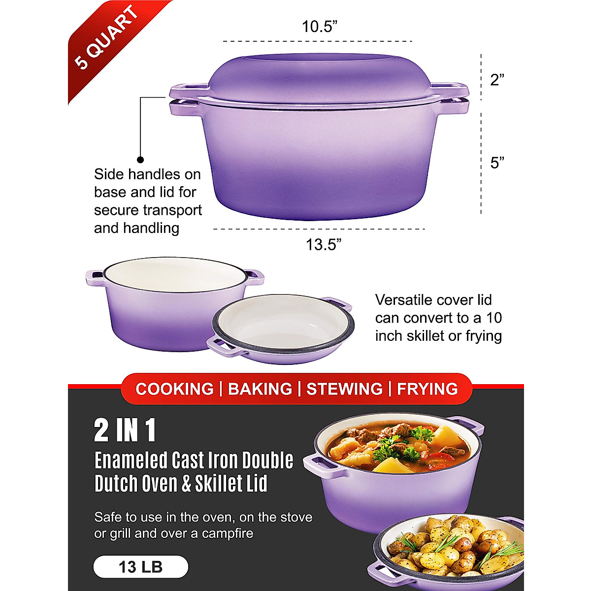 Bruntmor 2-in-1 Enamel Cast Iron Dutch Oven With Handles - Crock Pot Purple Cast Iron pot with Skillet lid - All-in-One Cookware Braising Pan for Casserole Dish - 5 Quart, Purple