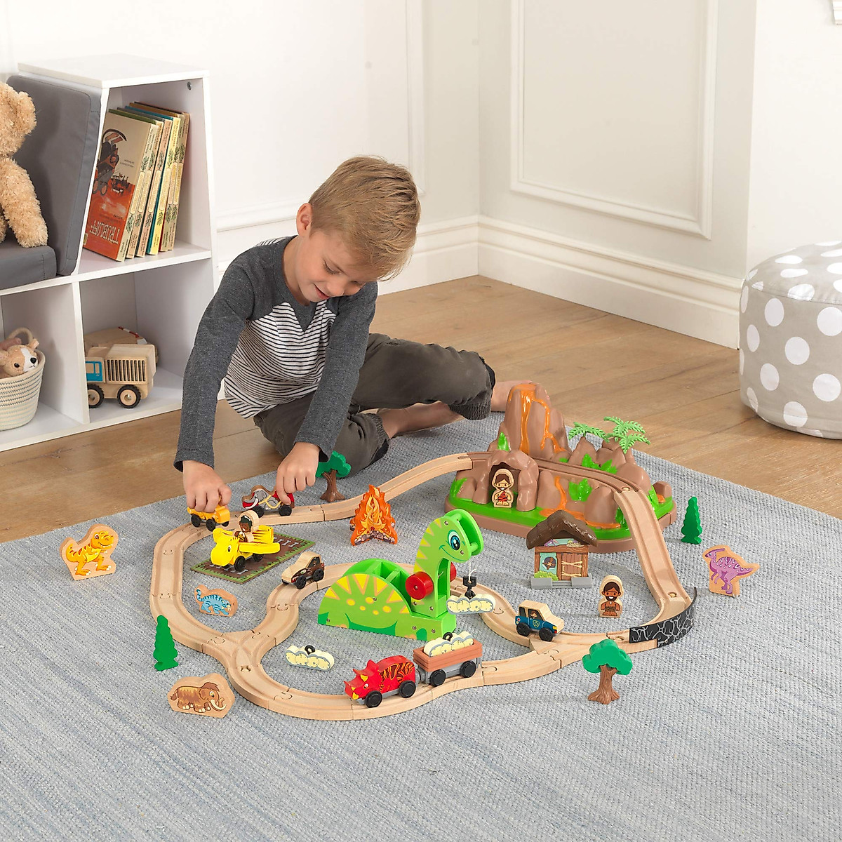 KidKraft Dinosaur Bucket Top Portable Wooden Train Set with 56 Pieces and 9 Feet of Track, Gift for Ages 3+