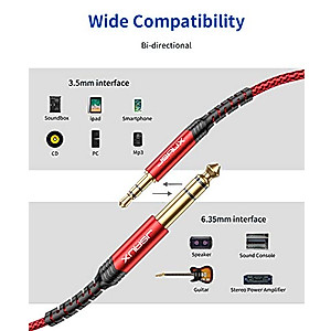 JSAUX 3.5mm to 6.35mm Stereo Audio Cable, 6.35mm 1/4" Male to 3.5mm 1/8" Male TRS Bidirectional Stereo Audio Cable Jack 4FT for Guitar, iPod, Laptop, Home Theater Devices, Speaker and Amplifiers-Red