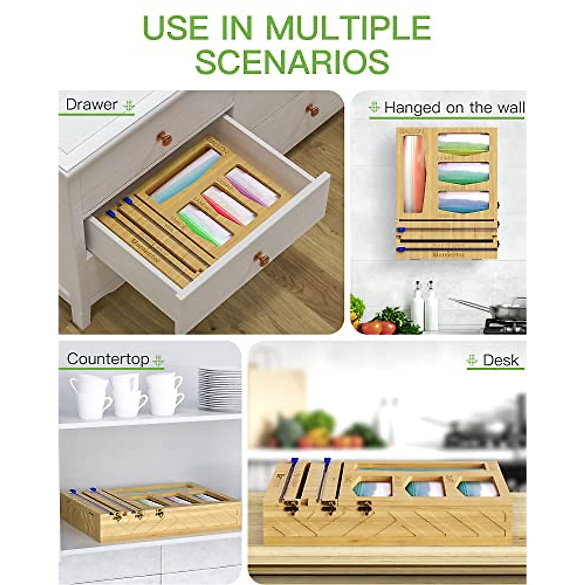 6 In 1 Ziplock Bag Storage Organizer, Foil and Plastic Wrap Organizer, Uamector Bamboo Aluminum Foil Dispenser with Cutter for Kitchen Drawer, Applies to Gallon Quart Sandwich Snack Bags, Cling Film Aluminum Foil, etc