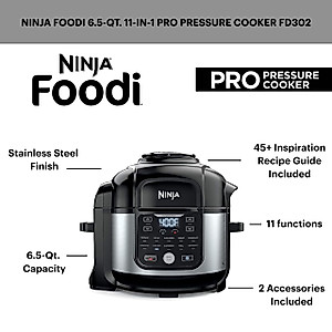 Ninja FD302 Foodi 11-in-1 Pro 6.5 qt. Pressure Cooker & Air Fryer that Steams, Slow Cooks, Sears, Sautés, Dehydrates & More, with 4.6 qt. Crisper Plate, Nesting Broil Rack & Recipe Book, Silver/Black