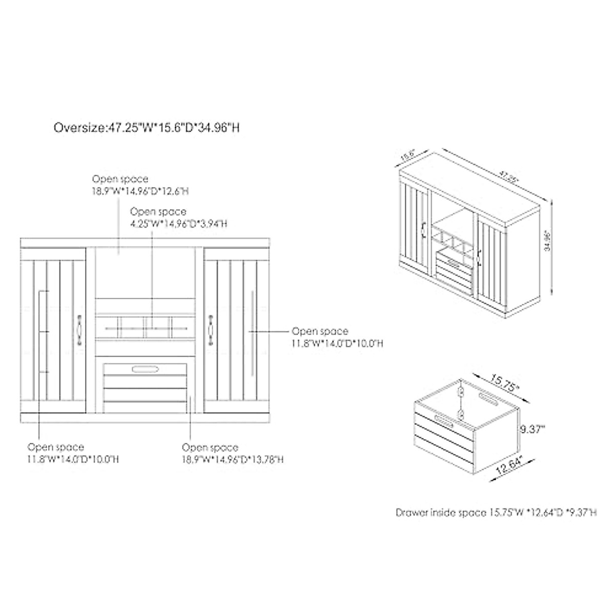 HOMES: Inside + Out FGI-1777C1 Cato Industrial Two-Tone Buffet with Open Shelf, Wine Bottle Holder, Slatted Drawer and Cabinets, Black and Cement