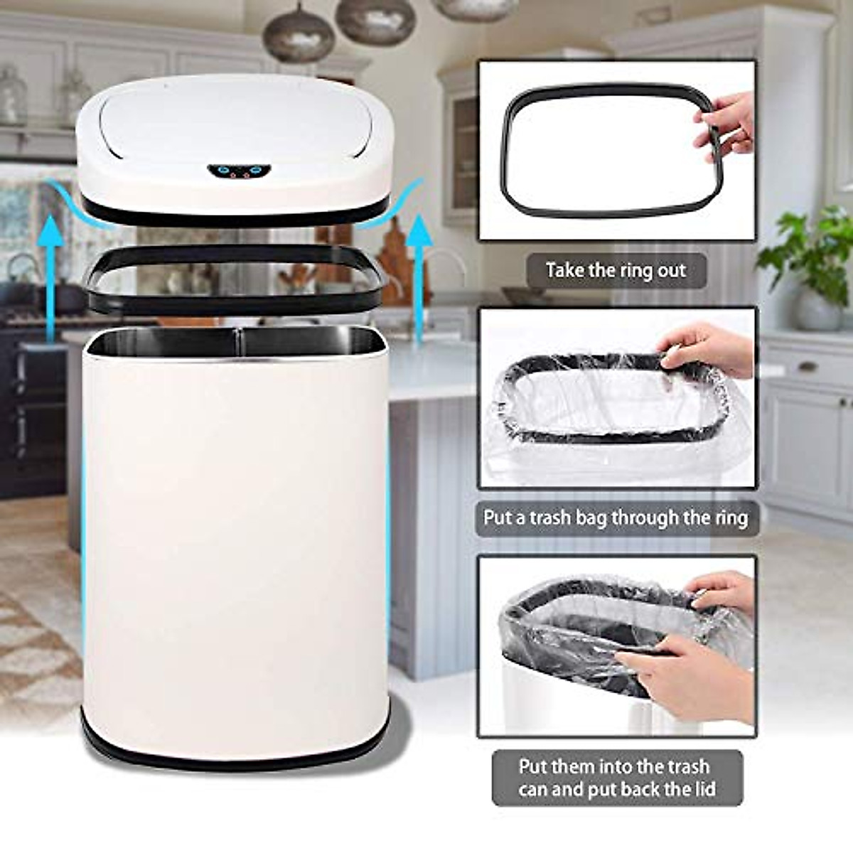 13 Gallon Trash Can Kitchen Garbage Can Waste Bin with Lid Automatic Garbage Bins Touchless Stainless Steel Sensor Trash Can for Home Office Bedroom Living Room, White