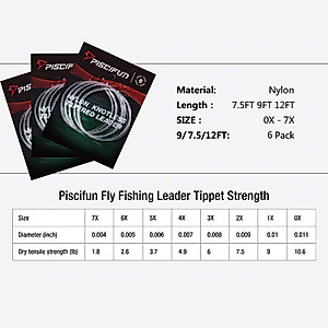 Piscifun Fly Fishing Leader with Pre-Tied Loop, Tapered Fly Line Leader, Nylon, Clear, 9ft, 6 Pack, 5X