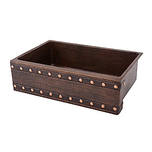 Premier Copper Products KASDB33229BS 33-Inch Hammered Copper Kitchen Apron Single Basin Sink with Barrel Strap Design, Oil Rubbed Bronze