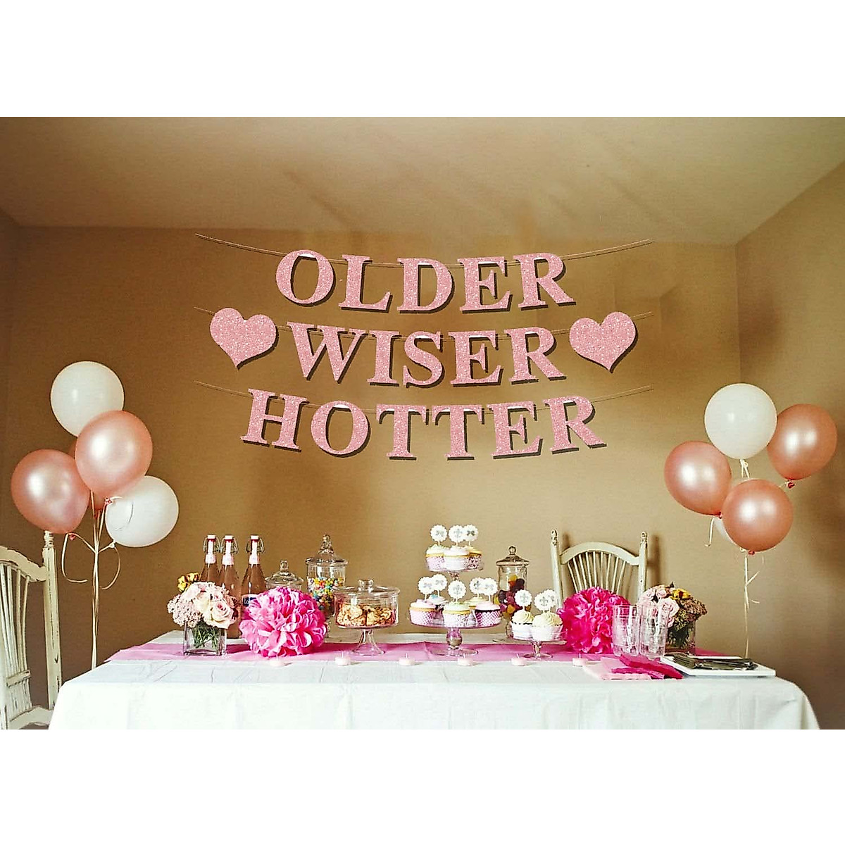 Older Wiser Hotter Banner Funny Birthday Party Decorations for Women Rose Gold Glitter Happy Birthday Banner 21st 30th 40th 50th 60th 70th 80th Birthday Party Supplies (Rose Gold)
