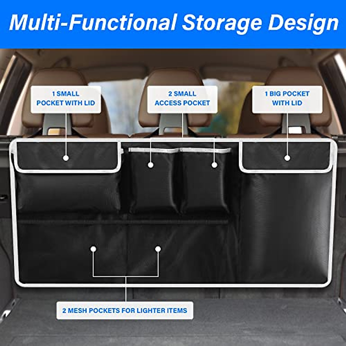 ANUINIT Trunk Organizer for Car Suv Truck Van, Hanging Car Trunk Organizer, Car Organizers and Storage with 6 Pockets and 2 hooks, Hanging Trunk Organizer Upgraded Reinforced Double Stitching Process