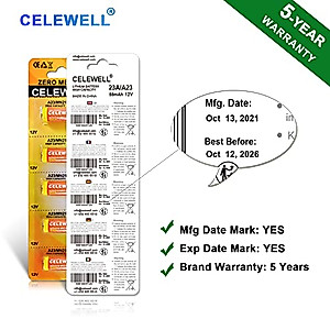 CELEWELL A23 23A Alkaline (5-Pack) Battery Same as 23AE L1028 MN21 【5-Year Warranty】