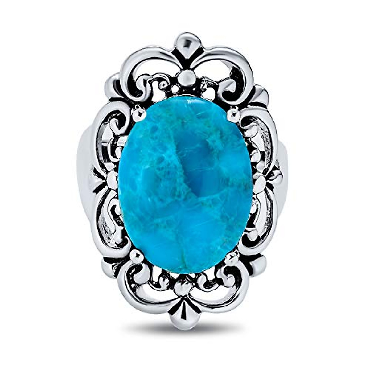 Personalize Western Jewelry Boho Vintage Style Large Gemstone Filigree Oval Cabochon Armor Full Finger Statement Blue Turquoise Ring For Women Oxidized .925 Sterling Silver Customizable