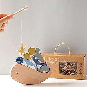 Wooden Stacking Marine Animals Toys for Kids 3-5, Magnetic Fishing Toys, 9 Piece Balance Toy Stacking Toys Gifts for 3 4 5 Year Old Childrens Montessori Toys for Boys & Girls, Fine Motor Skills