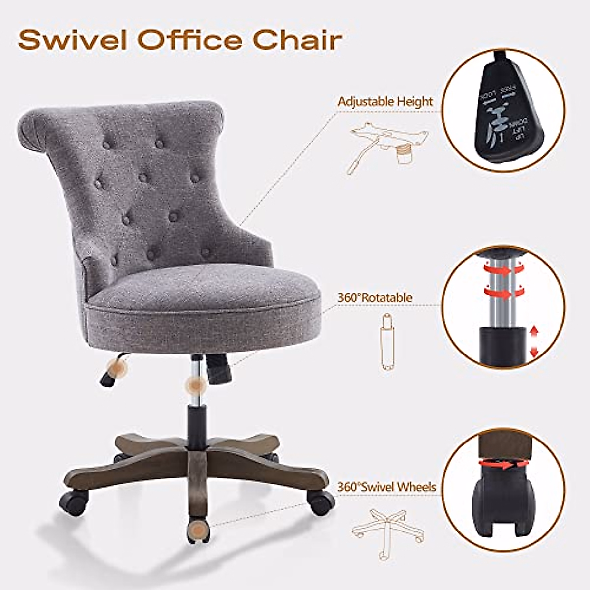 Batohom Home Office Chair Adjustable Height Swivel Chair with Wheels Linen Fabric Upholstered Computer Desk Chair with Wooden Legs Comfortable Armless Chair for Home Office Study Studio(Grey)
